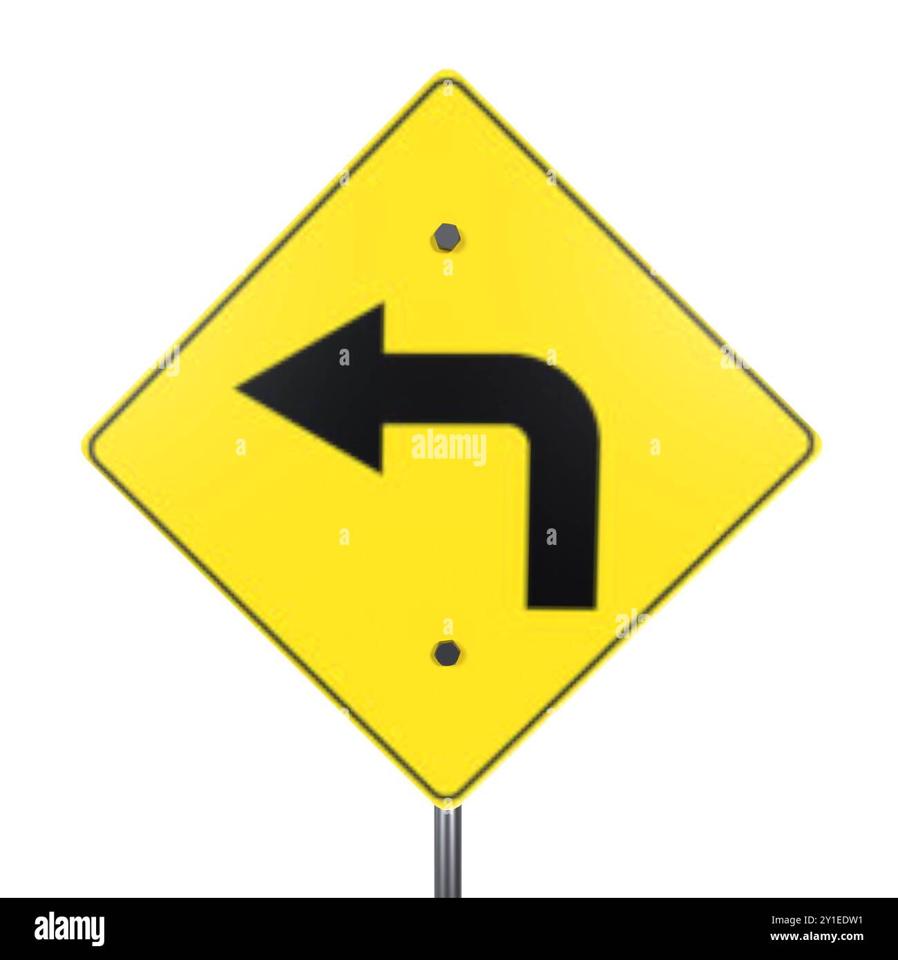 A yellow warning sign indicates a left turn ahead, promoting road ...