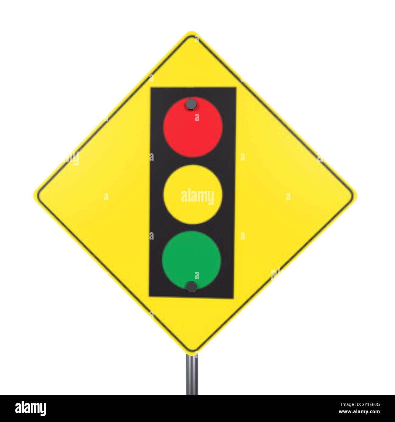A caution sign featuring a traffic light symbol with red, yellow, and ...
