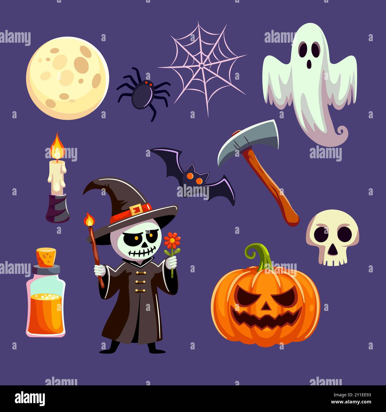 Halloween set of elements and characters. Witch pumpkin ghost spider ...