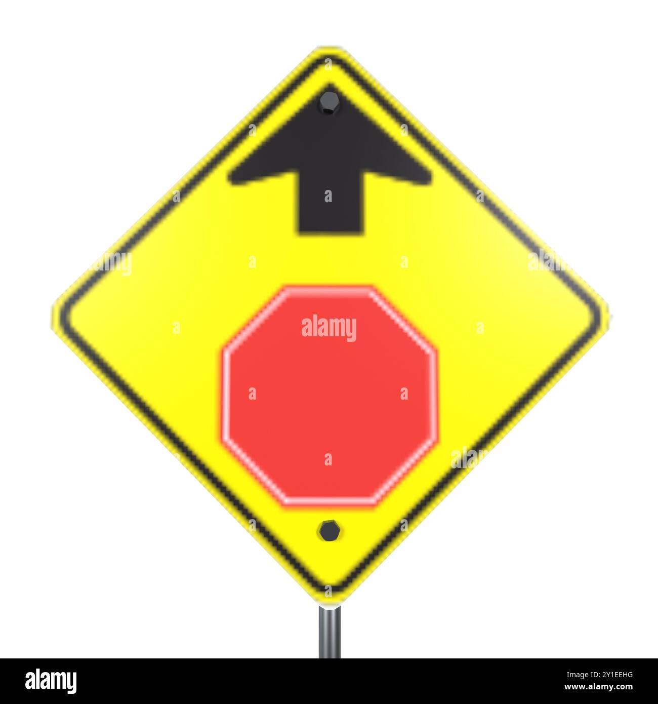 A caution sign featuring a stop octagon and an upward arrow highlights ...
