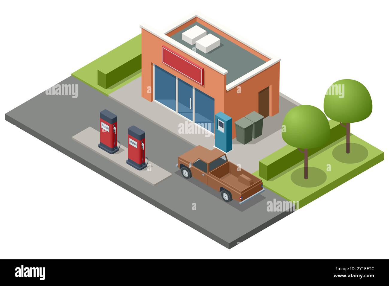 Isometric Old gas station. Exterior view of a store and gas station ...