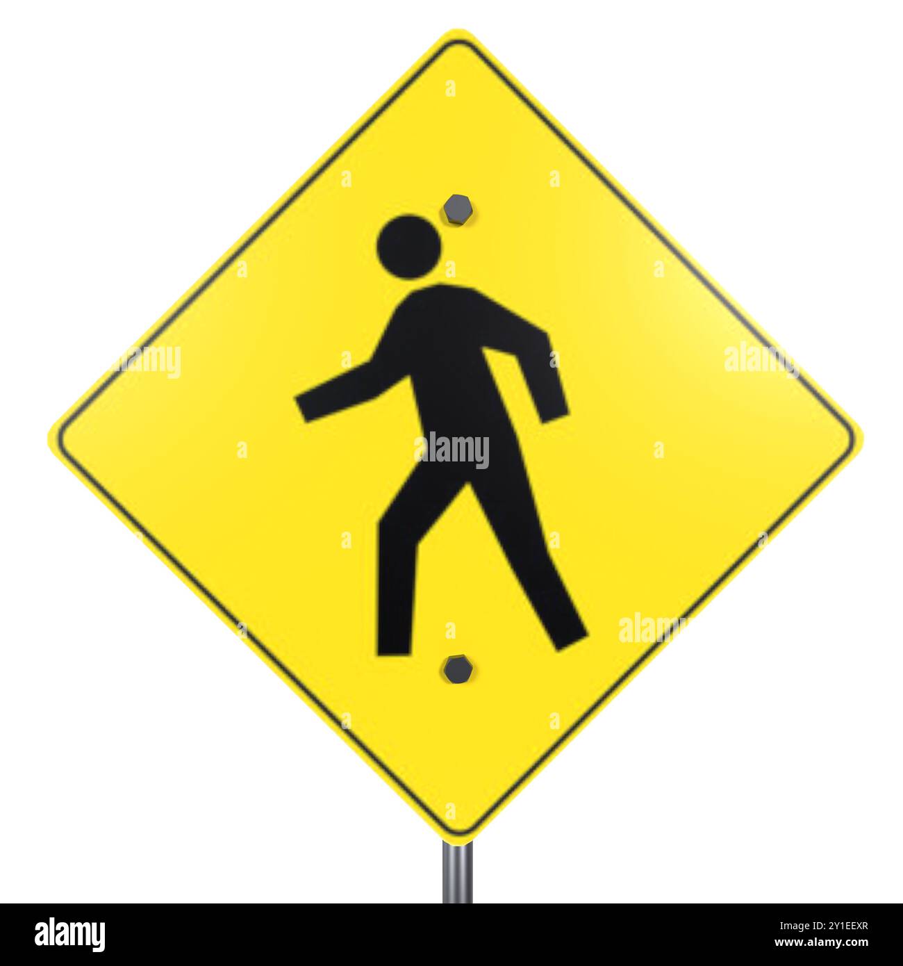 3D rendering of a pedestrian warning sign in a vibrant yellow color ...