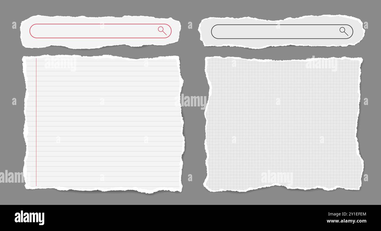 Set of torn white note paper pieces, strips with search bar are on grey ...