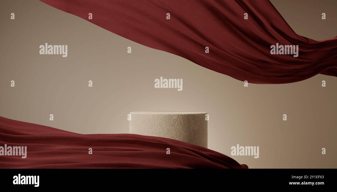 Stone podium and satin fabric floating on beige background. Luxury ...