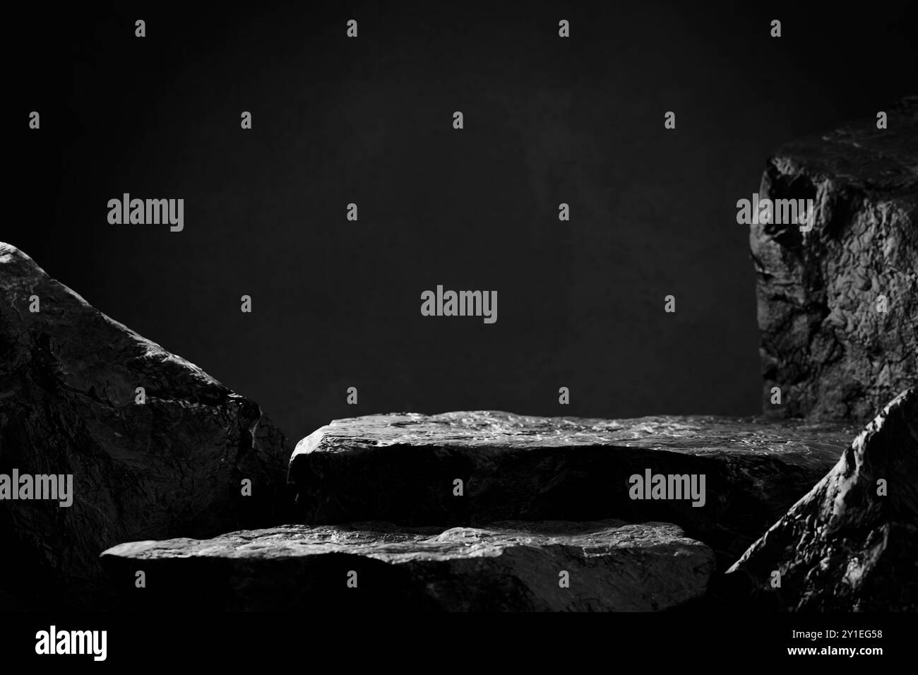 Black stone podium for luxury product placement. Rock granite pedestal ...