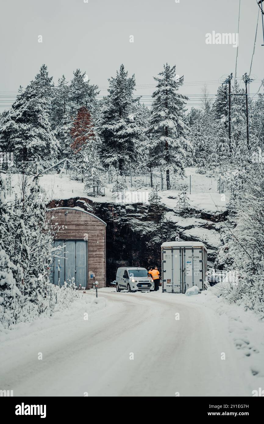 Van parked outside nuclear bunker in snowy forest in Rovaniemi, Lapland ...