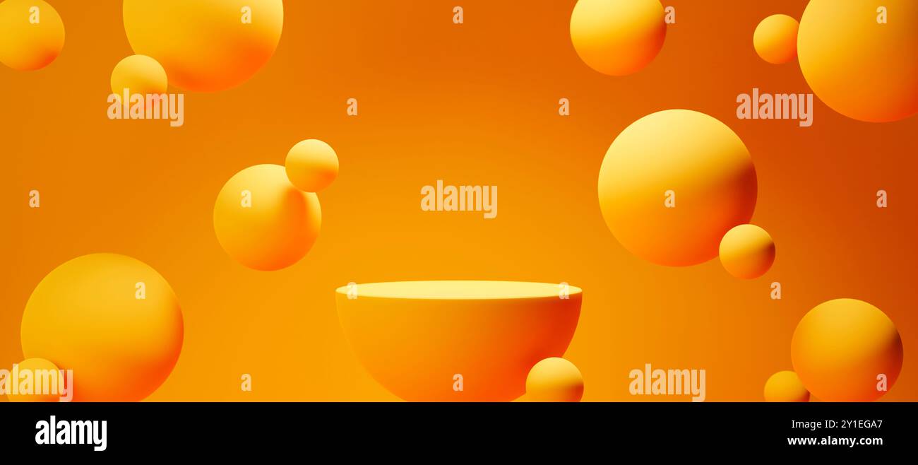 Abstract product podium placement with flying orange sphere on solid ...