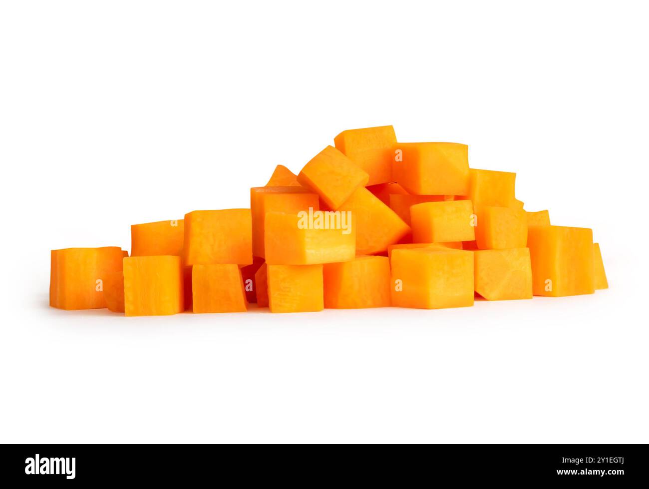 Front view of fresh orange carrot in cube shape in stack is isolated on ...