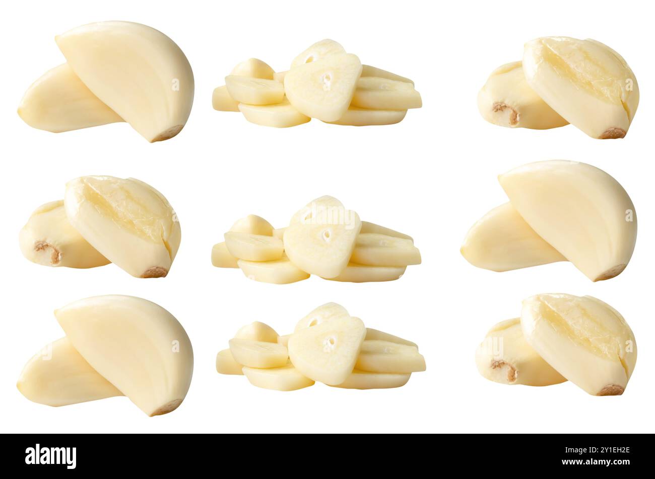 Side view set of fresh peeled white garlic cloves with slices in stack ...