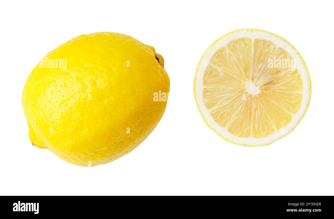 Top view set of single fresh ripe yellow lemon fruit with half or slice ...
