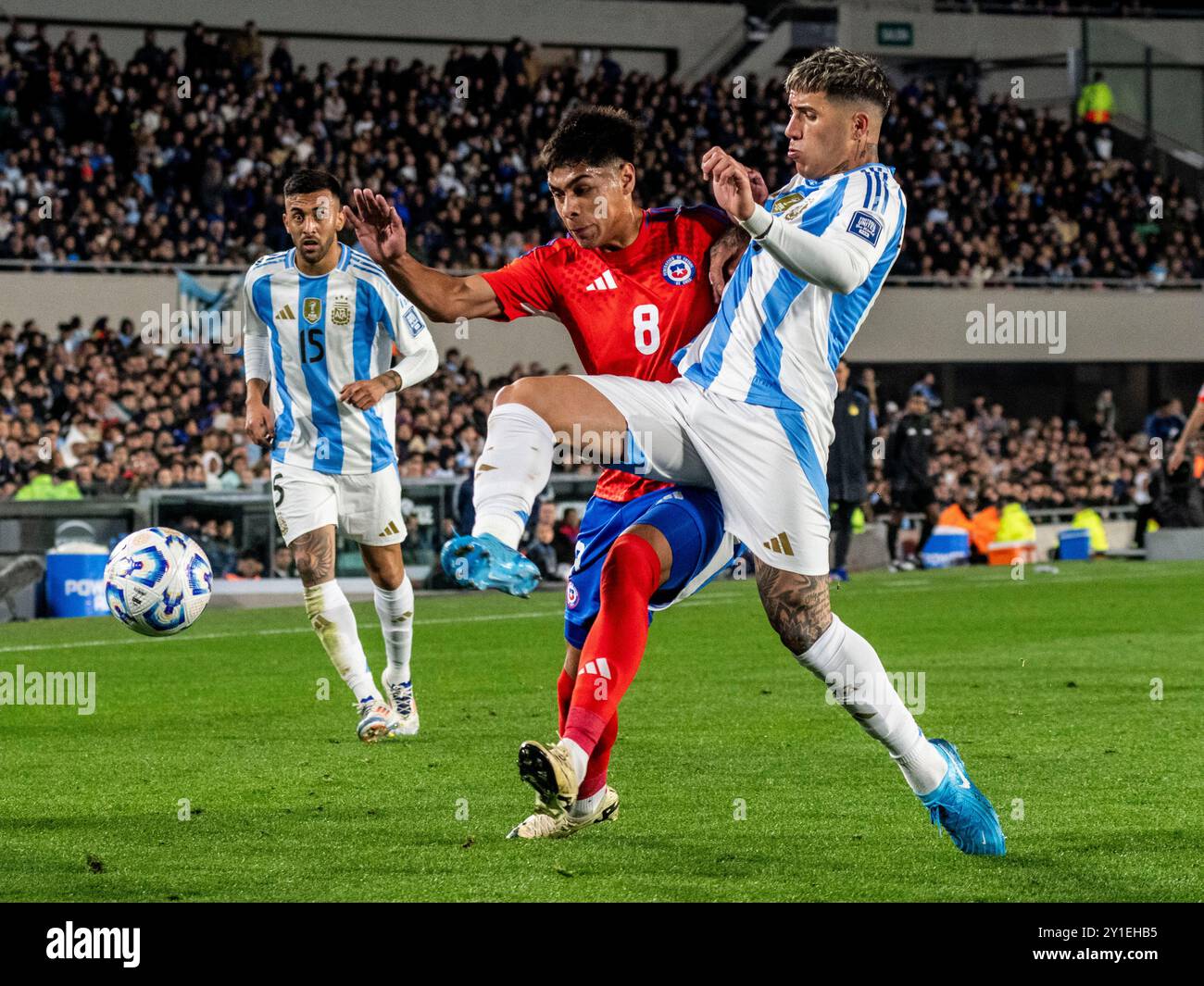 The Argentine national soccer team at the Monumental Stadium playing ...