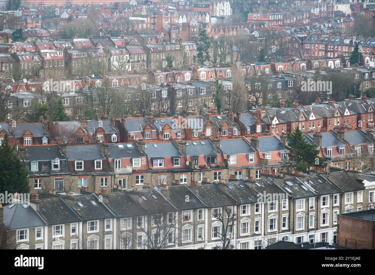 Aerial view of back to back terraced houses in London, England, UK ...