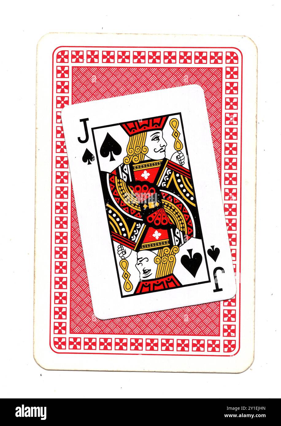 A vintage jack of spades playing card displayed on the back of another ...