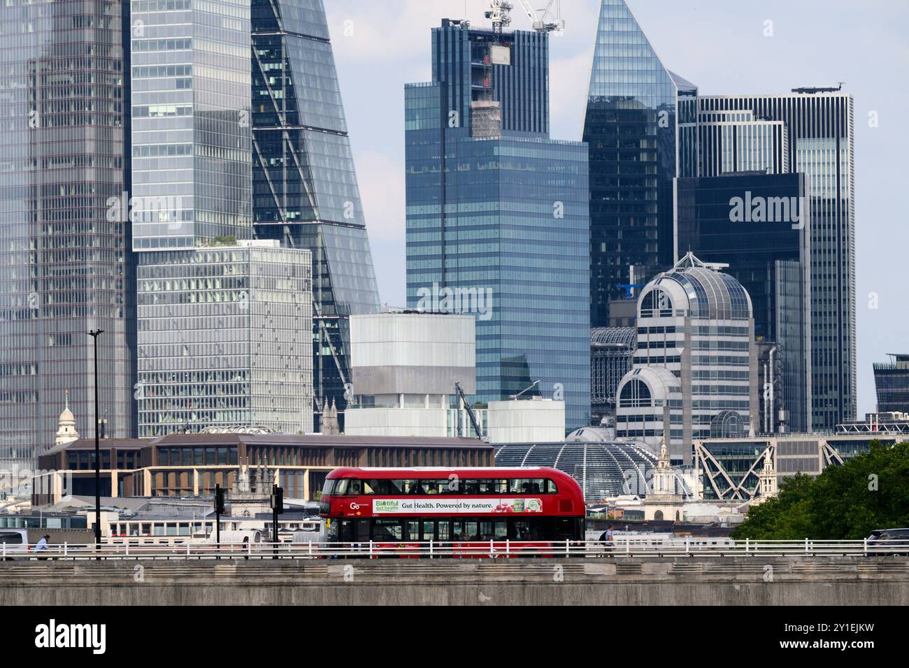 A New Routemaster double-decker bus, also known as a Boris bus, crosses ...