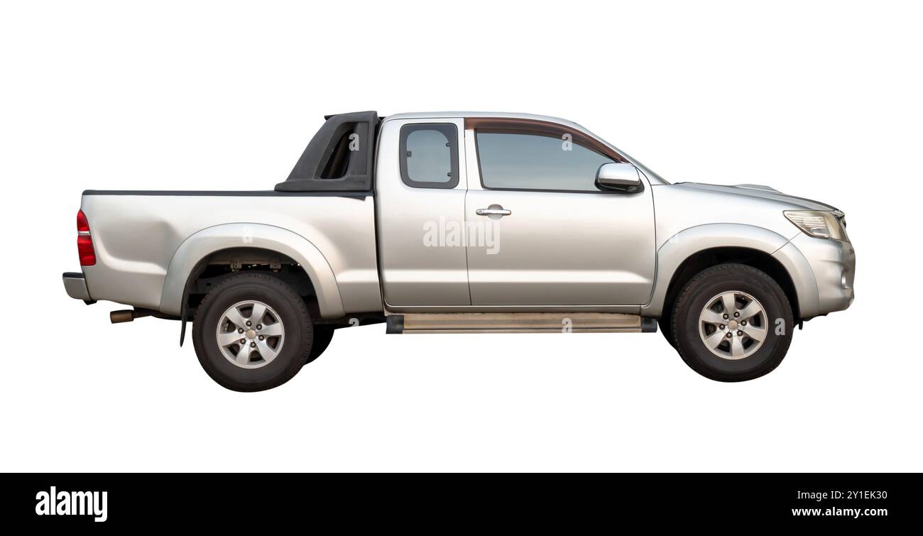 Side view of silver pickup truck is isolated on white background with ...