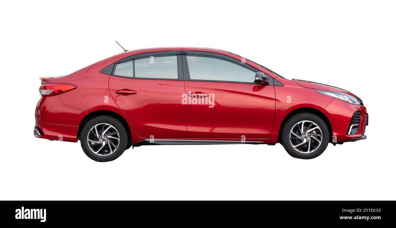 Side view of red sedan car is isolated on white background with ...