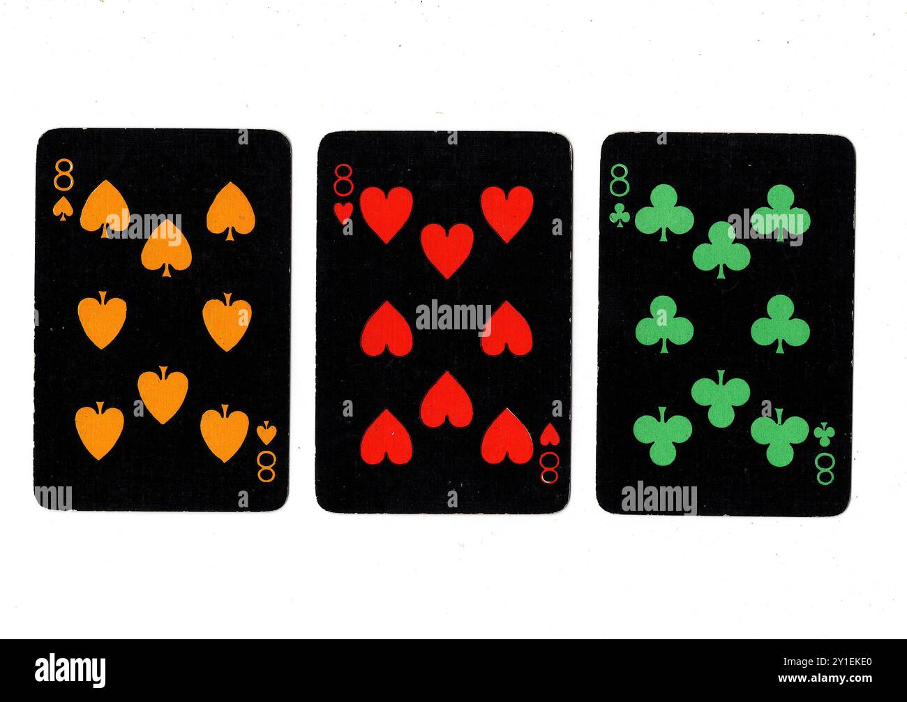 Vintage black playing cards showing three eights on a white background Stock Photo - Alamy