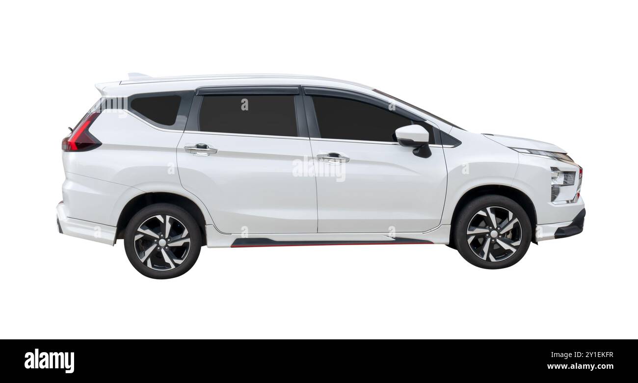 Side view of white SUV car is isolated on white background with ...