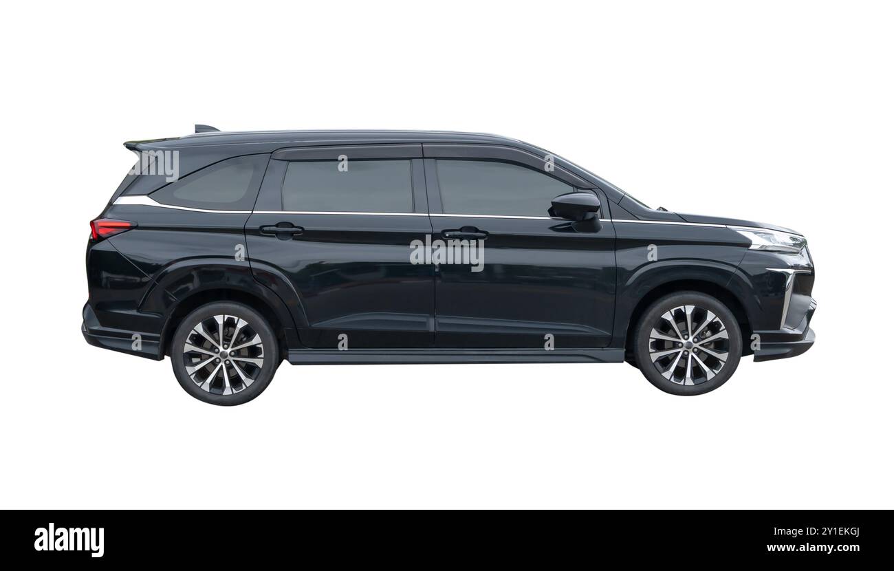 Side view of black SUV car is isolated on white background with ...