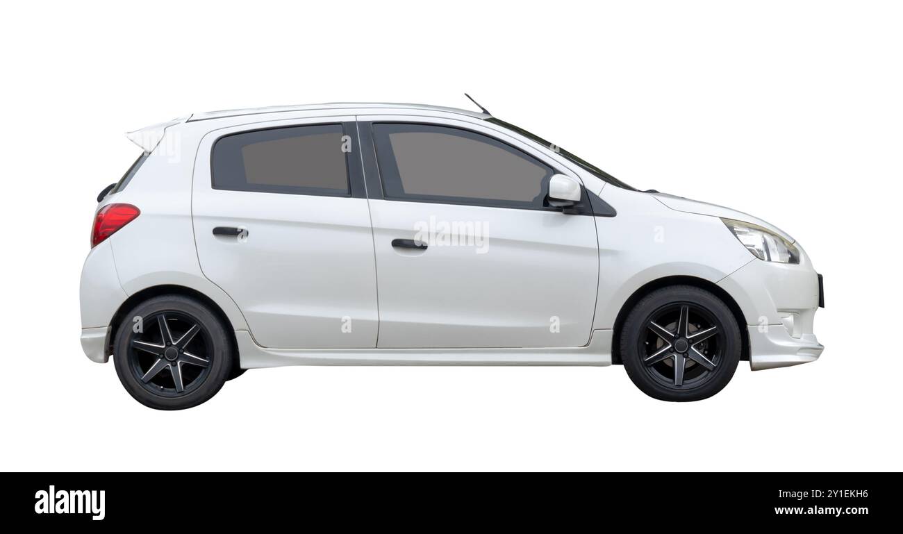 Side view of white mini or small car is isolated on white background ...
