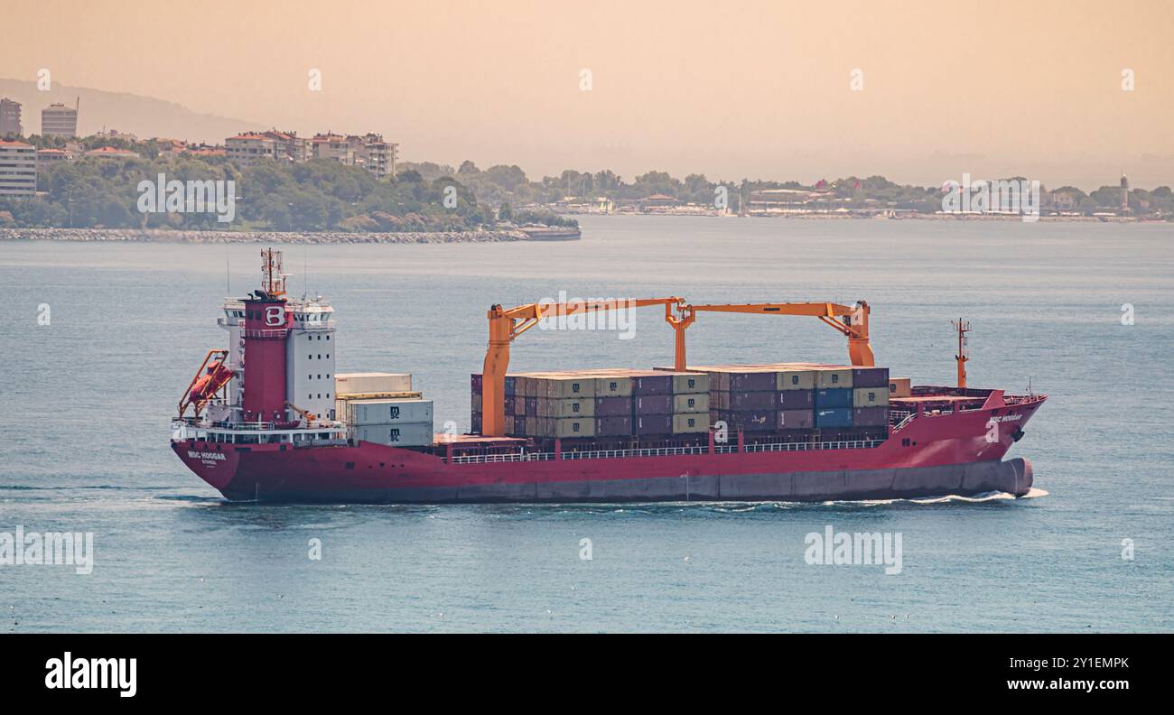 10 July 2024, Istanbul, Turkiye: A large MSC cargo vessel navigates the ...