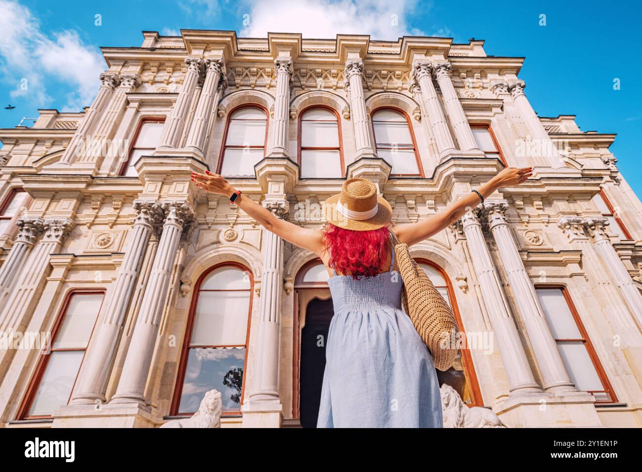 10 July 2024, Istanbul, Turkiye: woman admires the elegant architecture ...