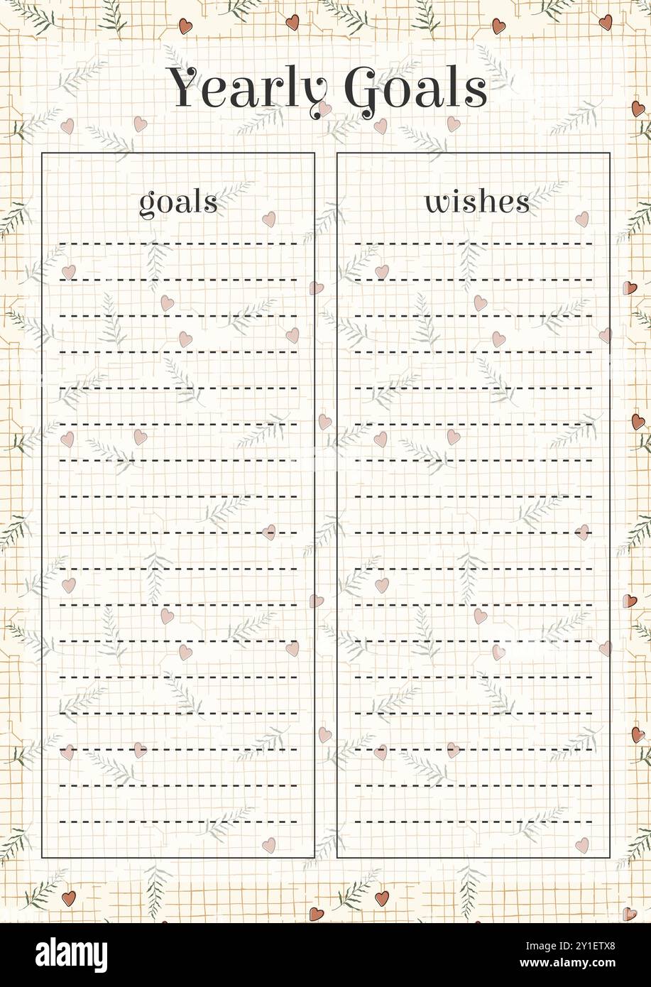 Yearly goals school paper sheet. Printable floral design page A4. Blank ...