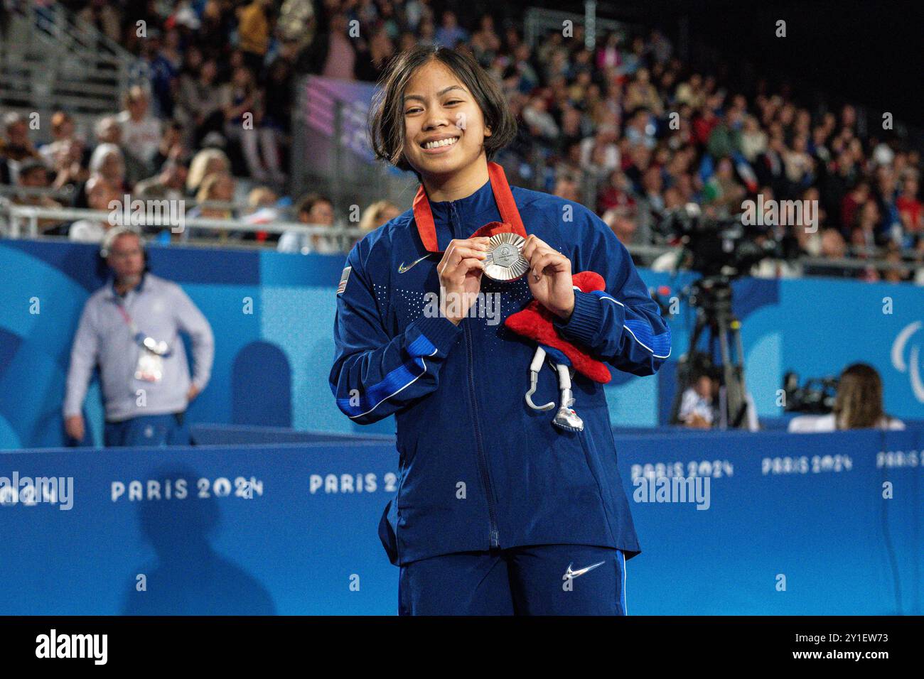 Liana Mutia of Team USA celebrates a silver medal for Para Judo J1 57kg ...
