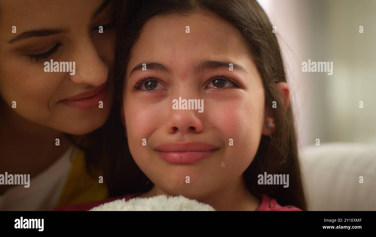 Loving Caucasian woman female caring mother sister tender parent soothing hug embrace cuddle sad ...