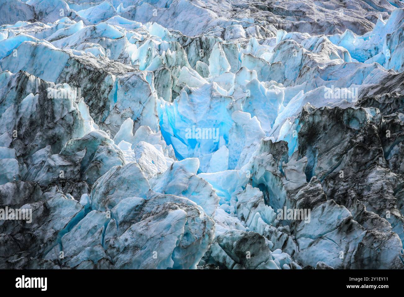 Patagonia, Chile. Sep.05,2024: Massive, sharp, green & blue-tinged ice from a Patagonian glacier ...