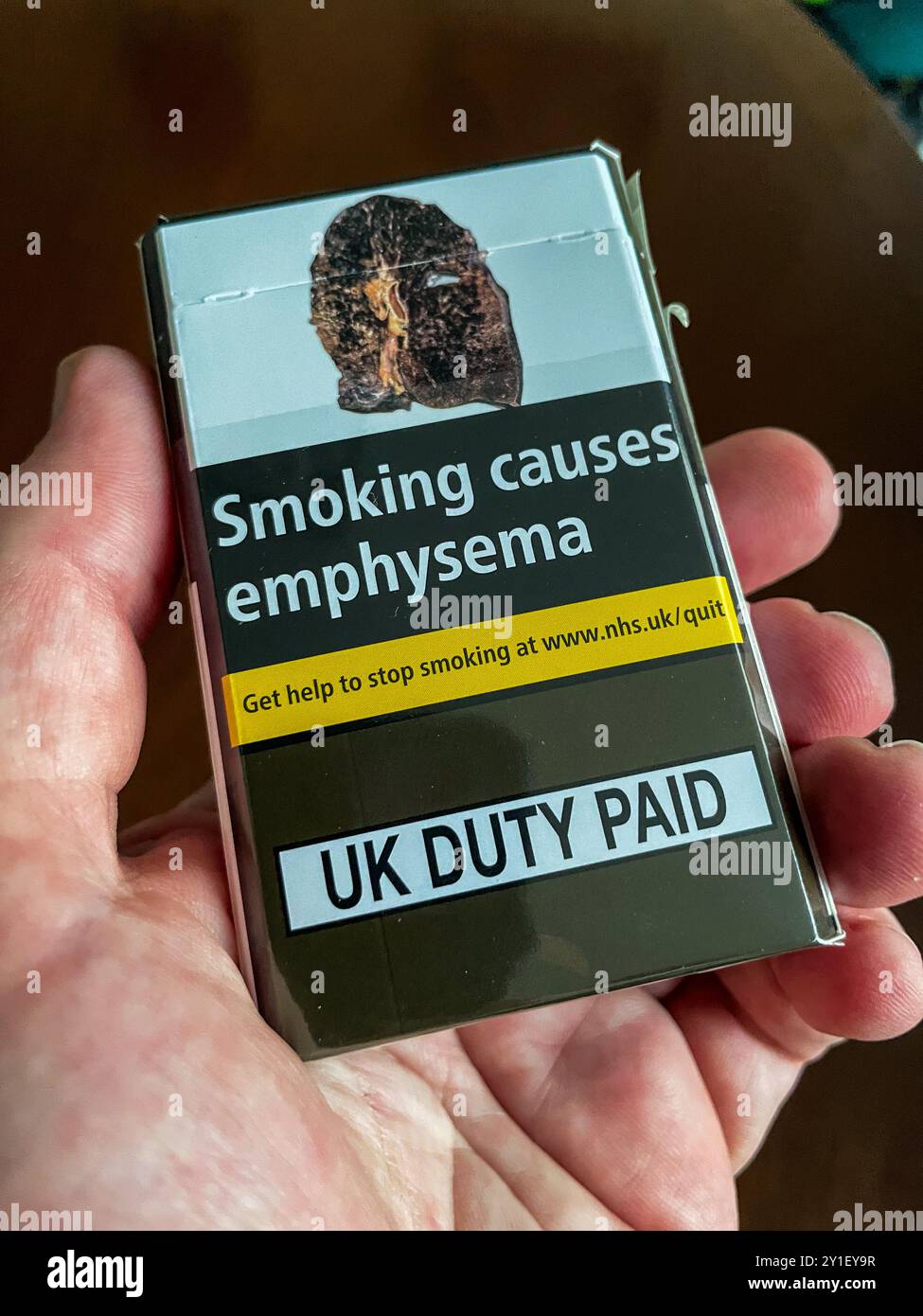 Newcastle UK: 22nd July 2024: Anti-smoking labels and warnings HNS on a ...