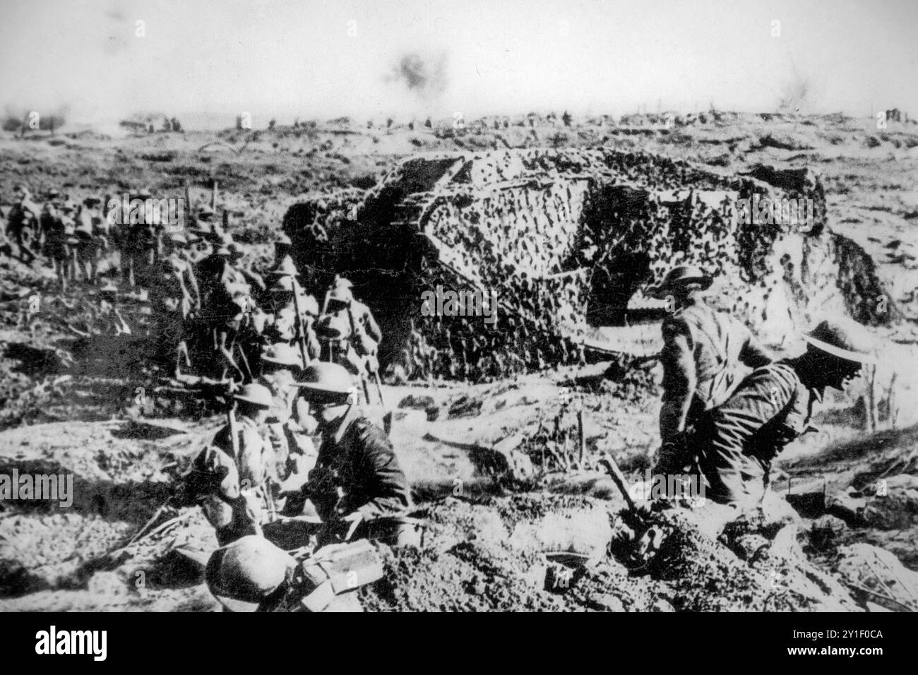 WWI British infantry soldiers and camouflaged tanks during the World ...