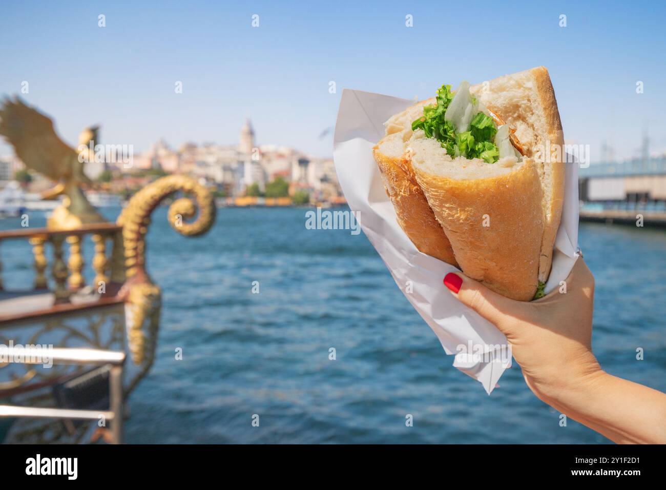 Tourist hand with balik ekmek fish sandwich with stunning views of the ...