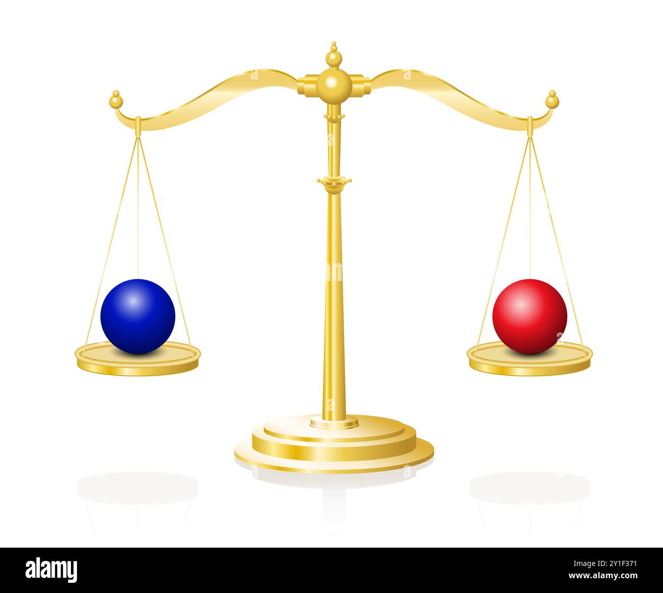 Balance scales with blue and red sphere in balance. Balls of same size ...
