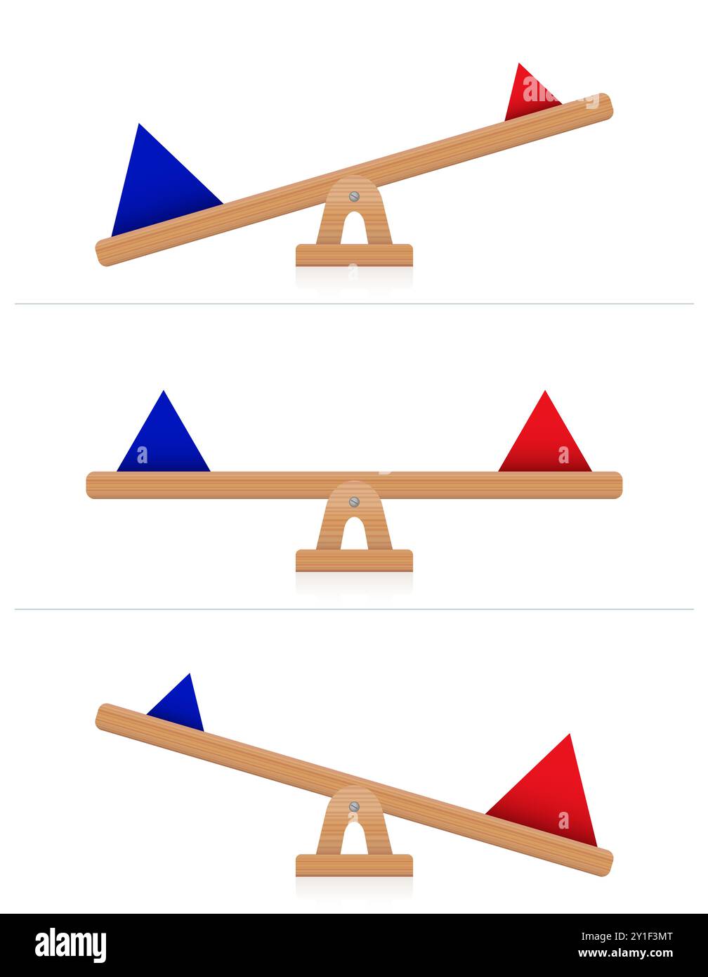 Seesaw with blue and red pyramids, balanced and unbalanced. Pyramids of different weights, sizes ...