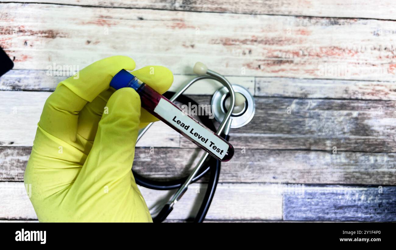 Lead Level Test text with blood sample. Top view isolated on black ...