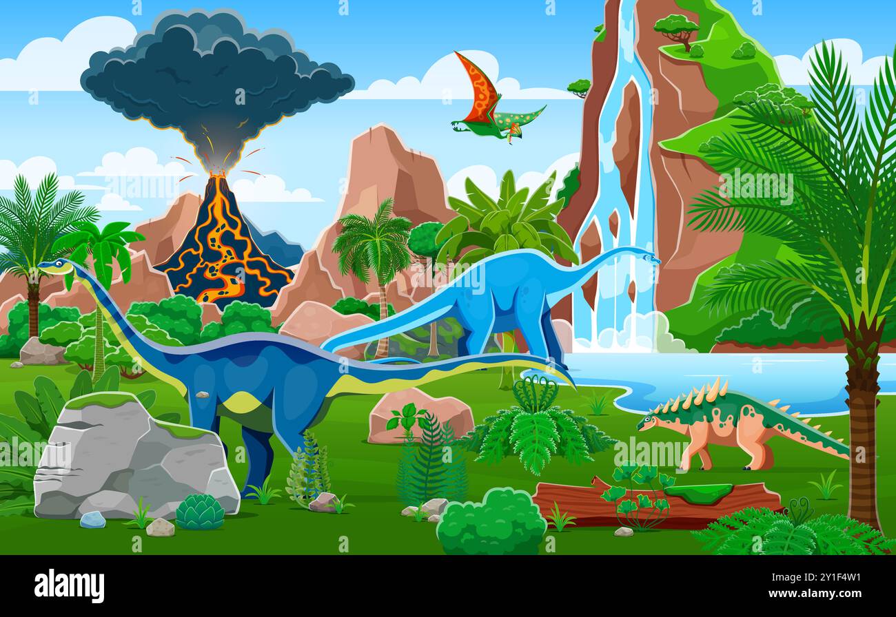Cartoon prehistoric dinosaurs park landscape. Vector ancient time scene ...