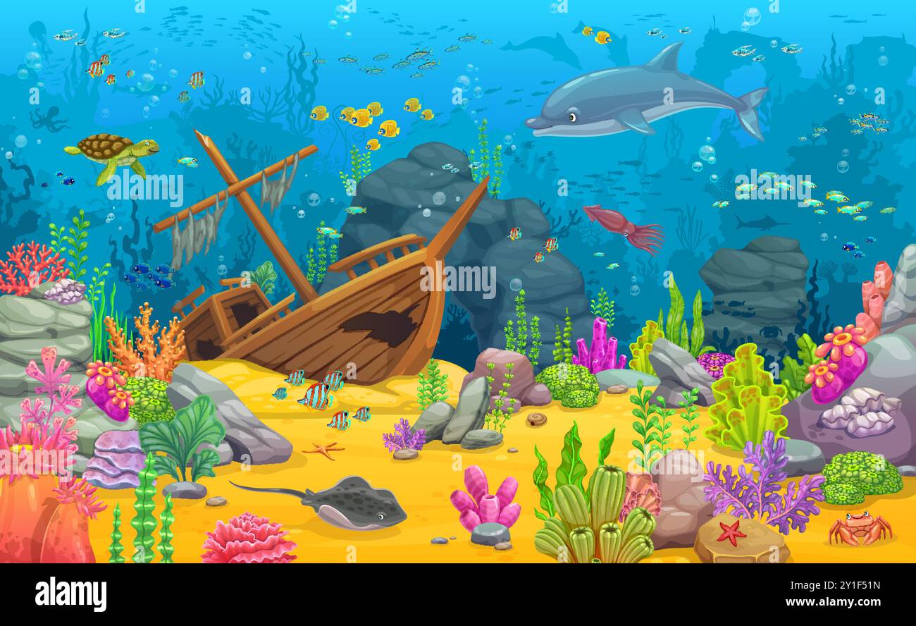 Cartoon underwater landscape with sunken ship, game map background with ...