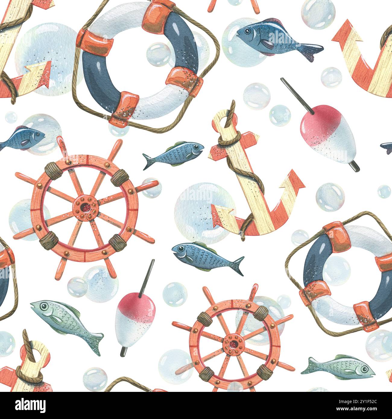 Anchor, ship's wheel, lifebuoy, fishing float with fish and bubbles ...
