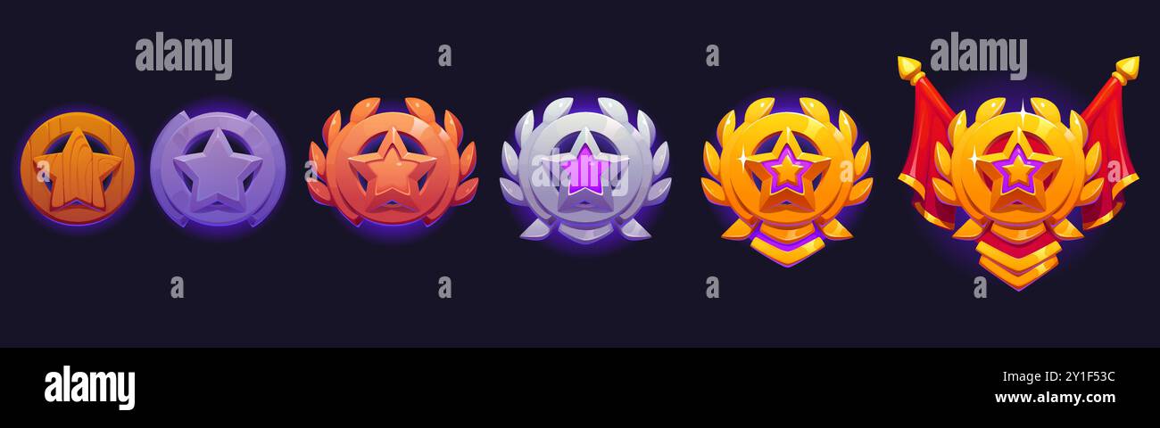 Game level star badge, rank heraldic medal progression from wooden ...