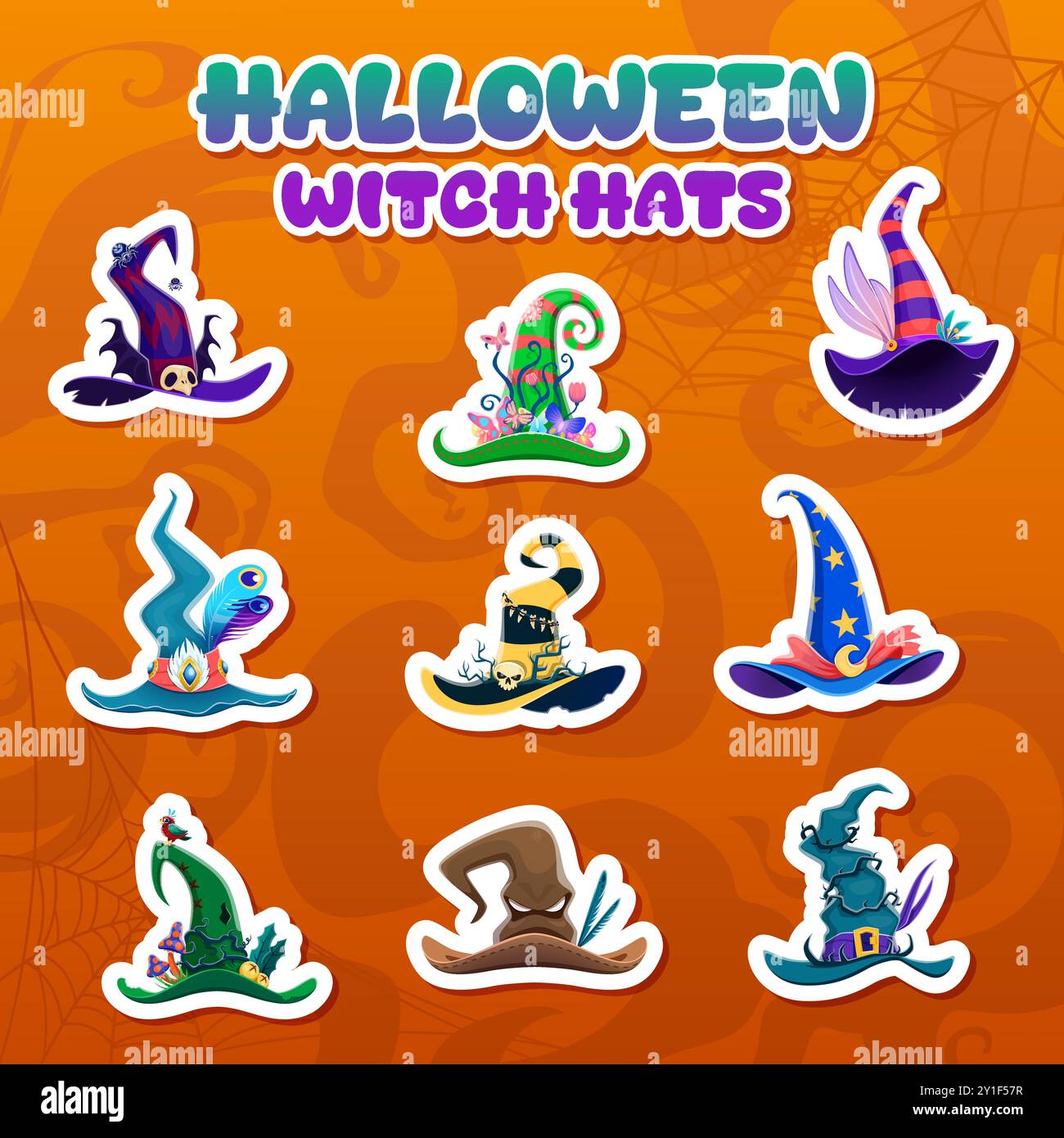 Cartoon Halloween witch hat stickers for holiday funny icons, vector ...