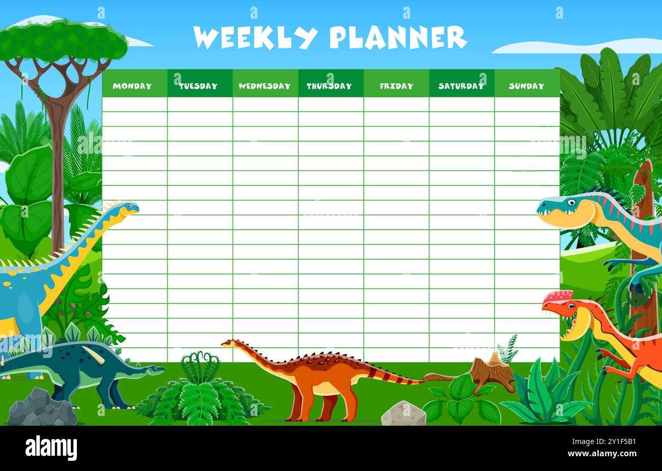 Weekly planner schedule with prehistoric dinosaurs and Jurassic dino ...