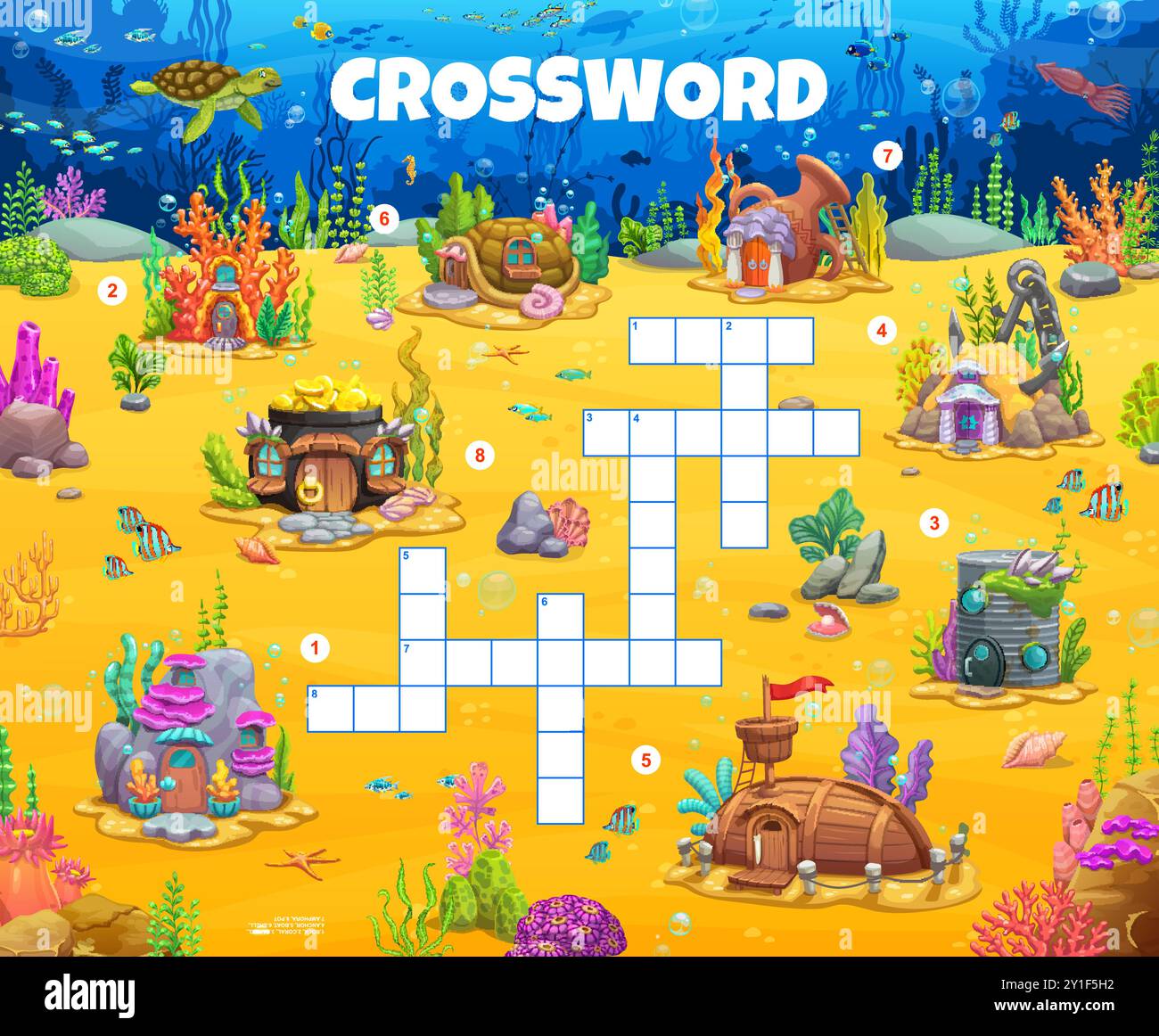 Crossword quiz game grid with underwater fairytale houses. Vector ...