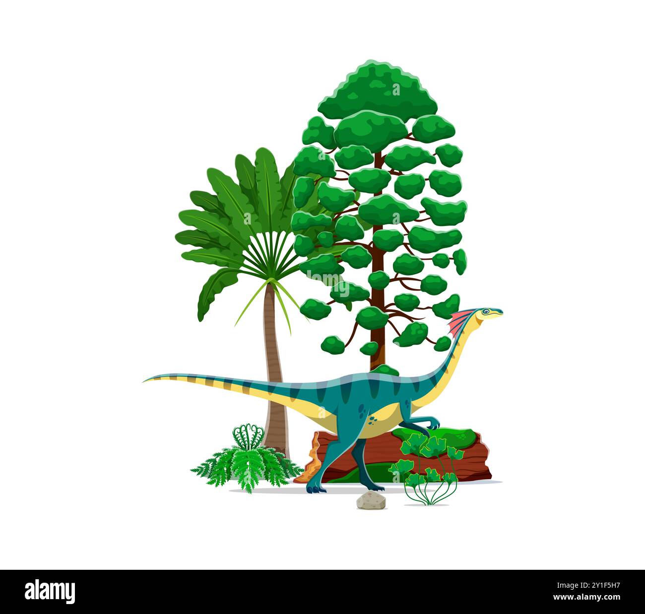 Gallimimus prehistoric dinosaur walking amongst lush tropical plants ...
