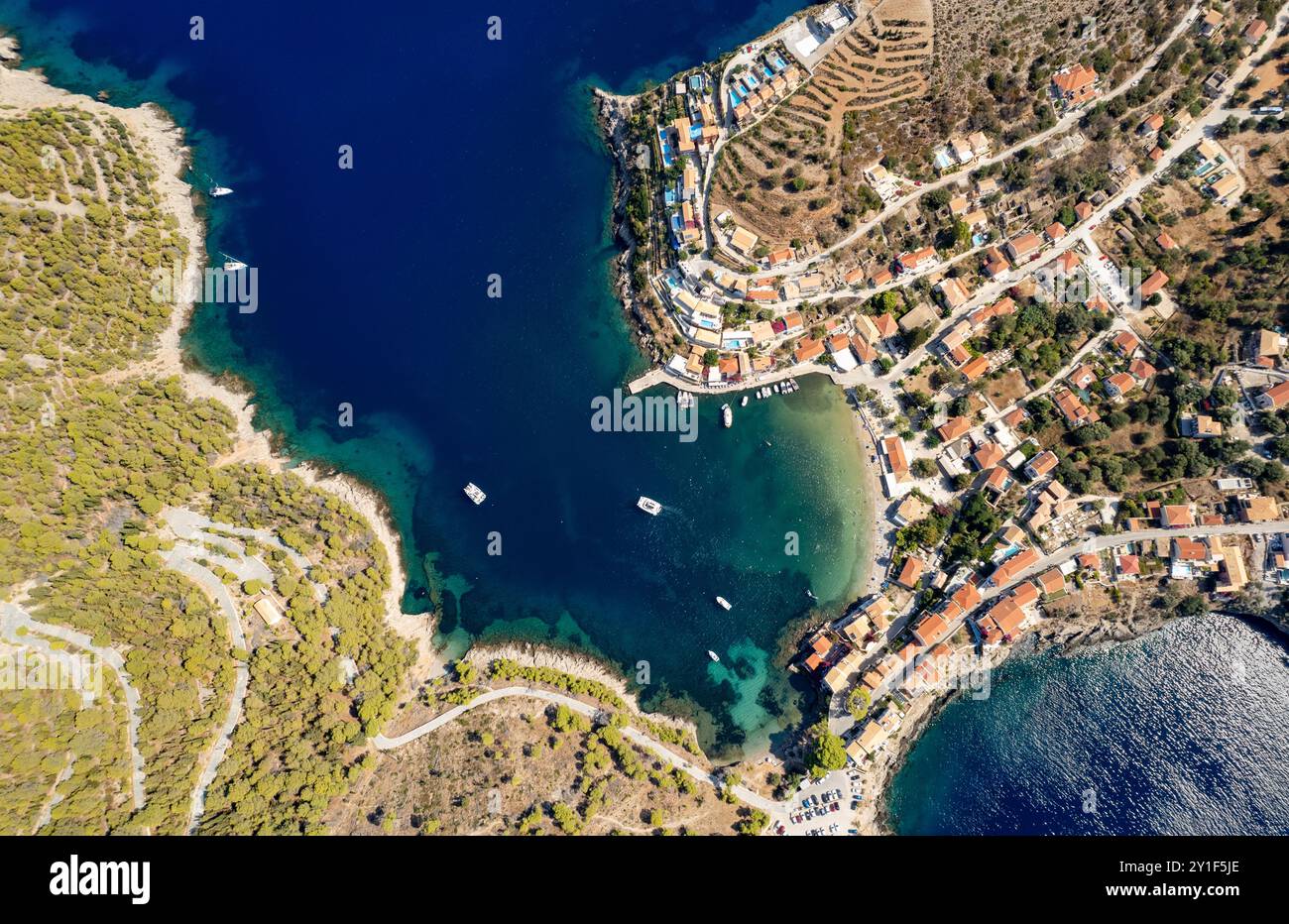 Drone aerial view of Greek village of Asos on the west coast of the ...