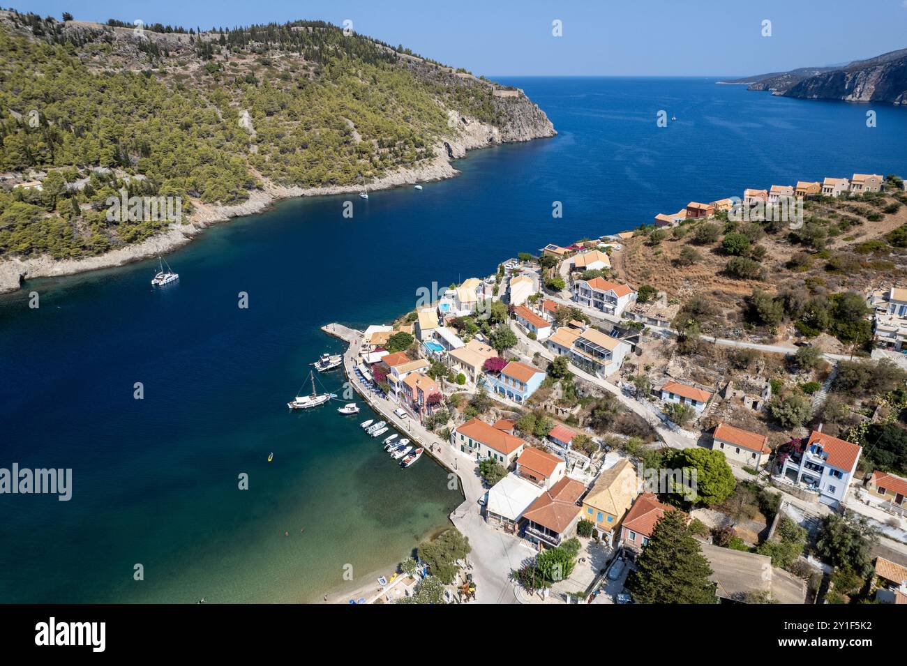 Drone aerial view of Greek village of Asos on the west coast of the ...