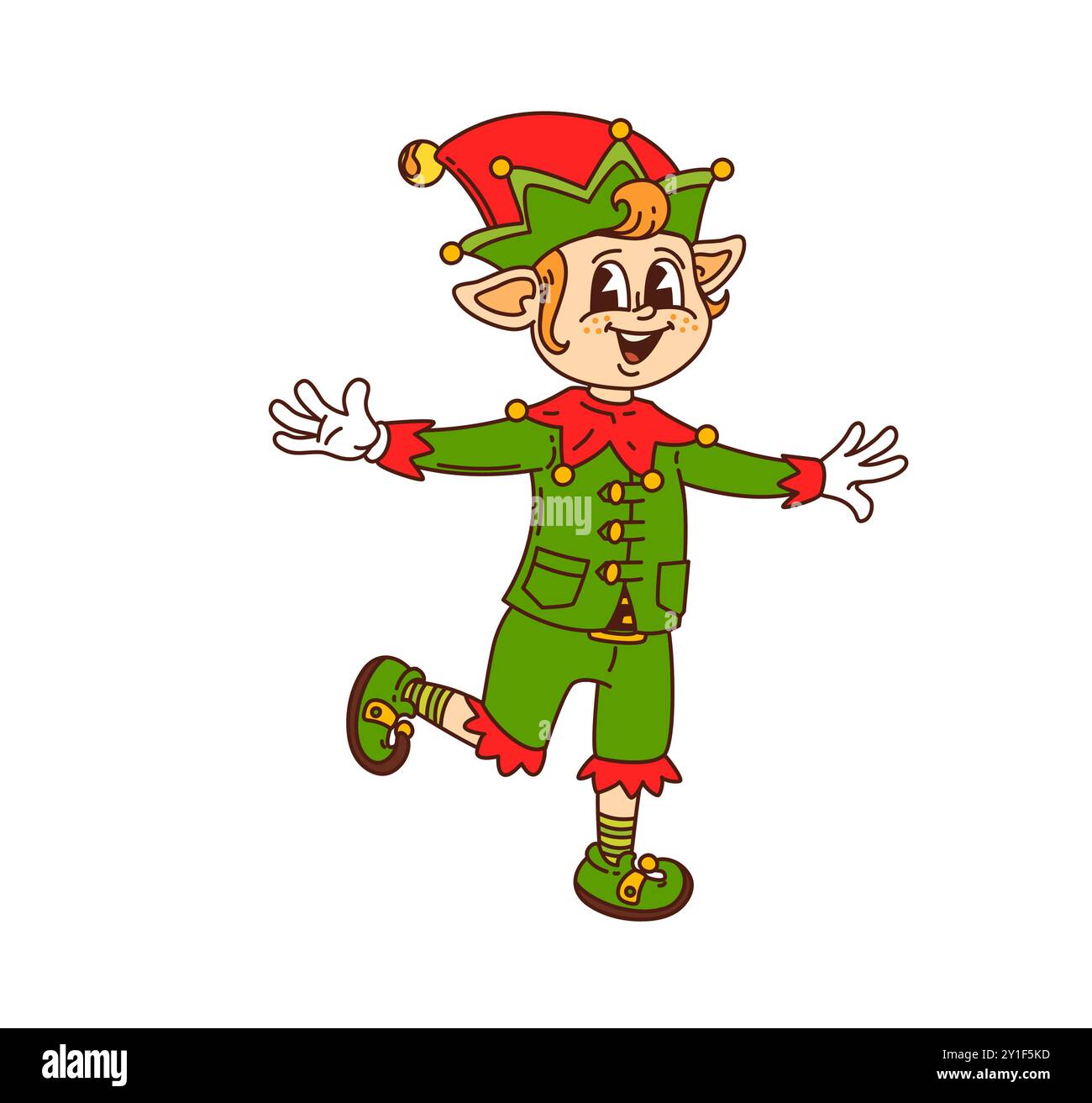 Cartoon groovy Christmas elf character dressed in festive green and red ...
