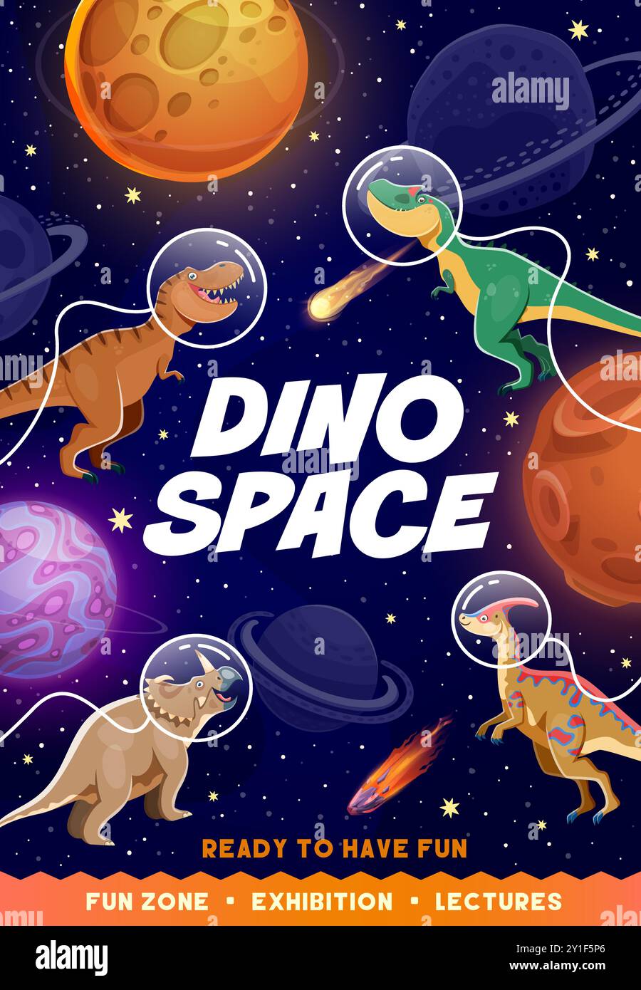 Dinosaur astronauts on space dino party flyer. Vector invitation poster ...