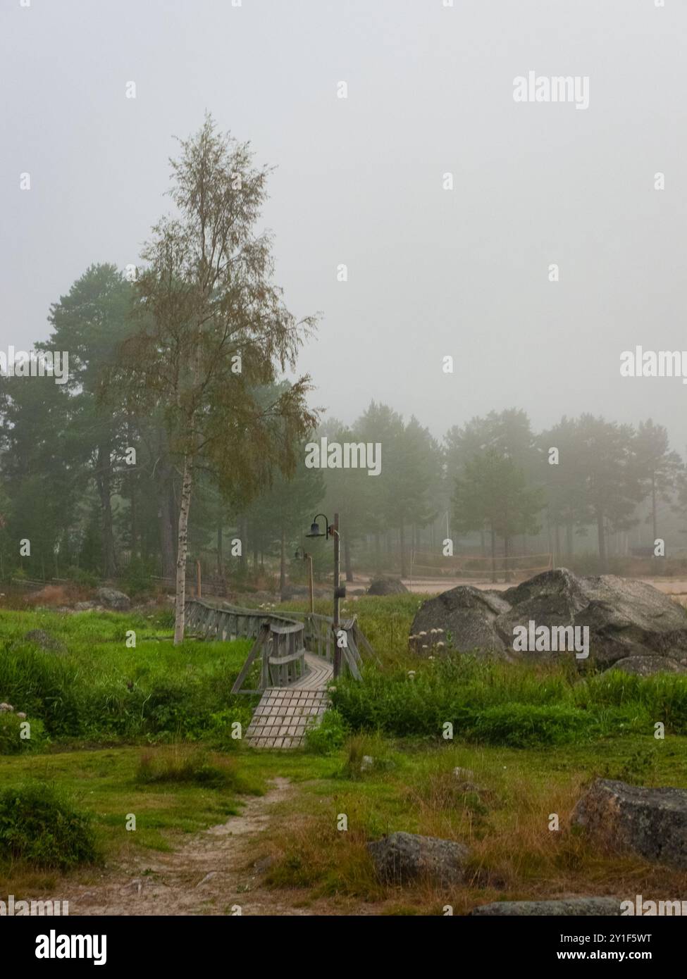 Morning fog over tree bridge in Norrfjarden, Nordmaling, Sweden Stock ...