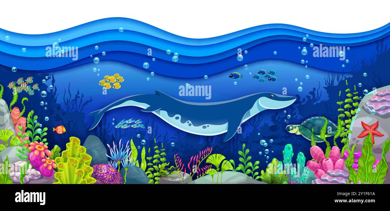 Cartoon underwater prehistoric dinosaurs between seaweeds. Vector paper ...